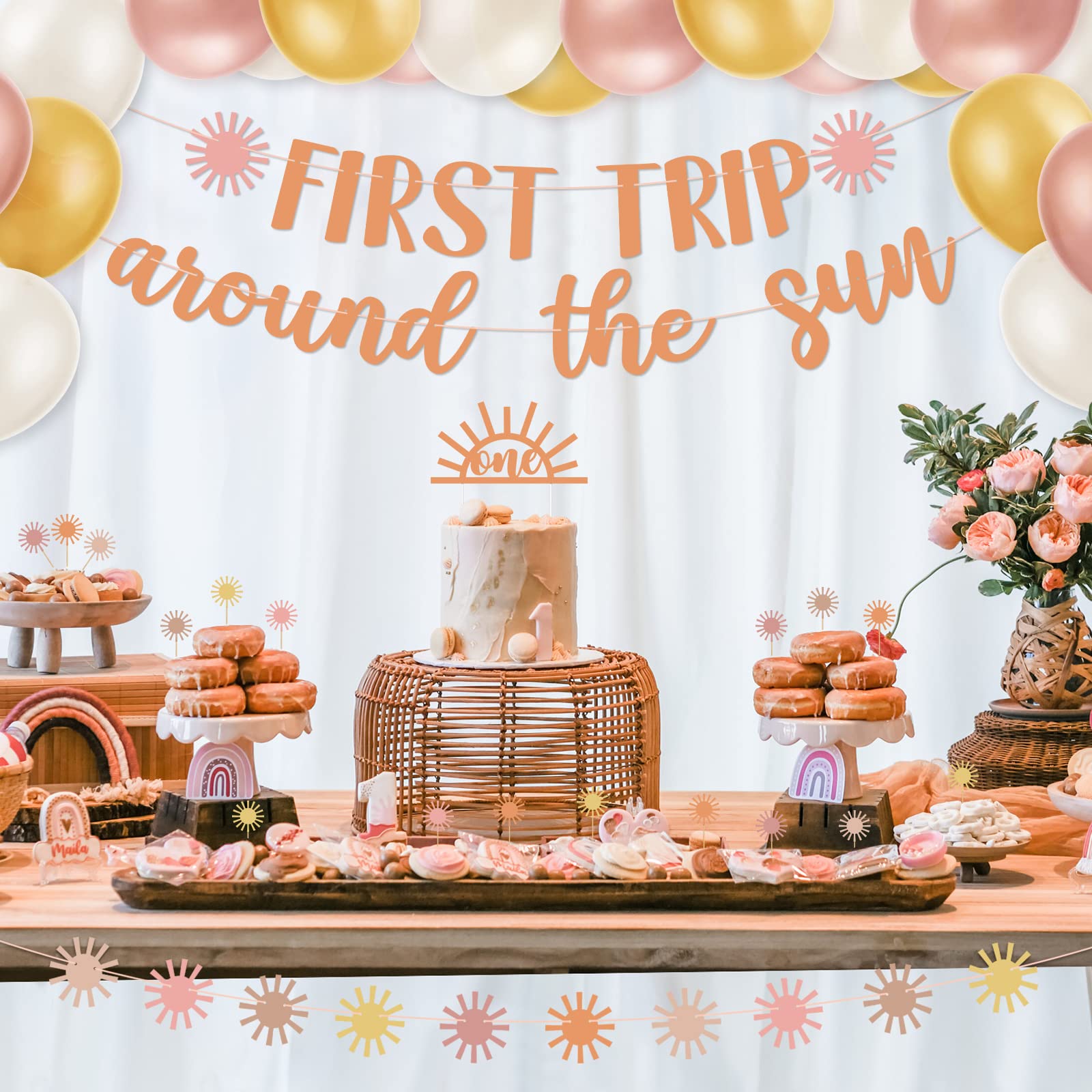 First Trip Around The Sun Birthday Decorations Boho Sun 1st Birthday Banner You Are My Sunshine Party Supplies Muted Sun Dessert Table Backdrop for 1st Birthday Girl Decorations