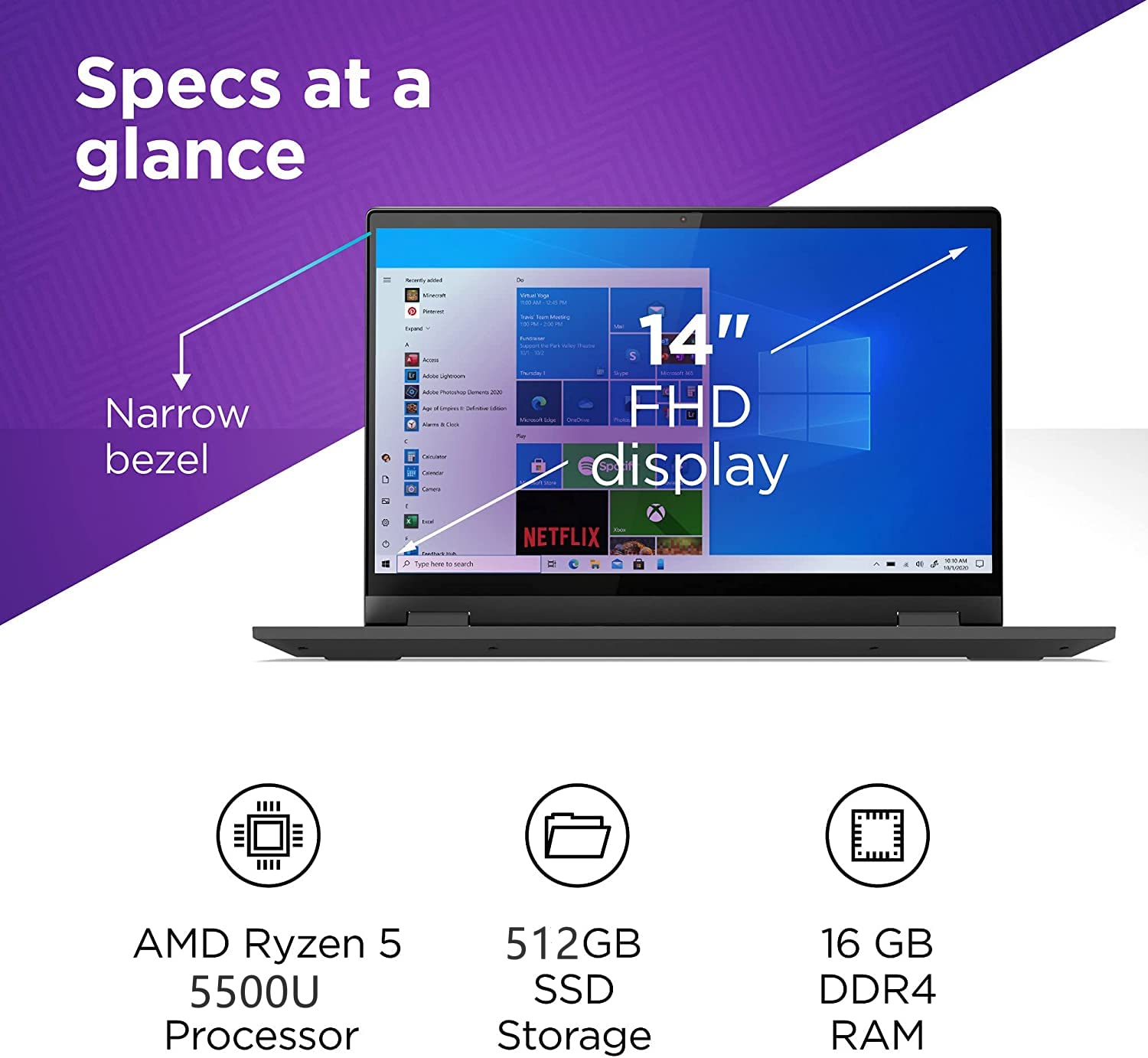 Lenovo Flex 5 14" FHD (1920 x 1080) 2-in-1 Touch Display, AMD Ryzen 5 5500U Processor, 6Cores, 16GB DDR4 RAM, 512GB NVMe SSD, AMD Radeon Graphics, Webcam, Windows 11 Home, Graphite Grey, EAT Pen