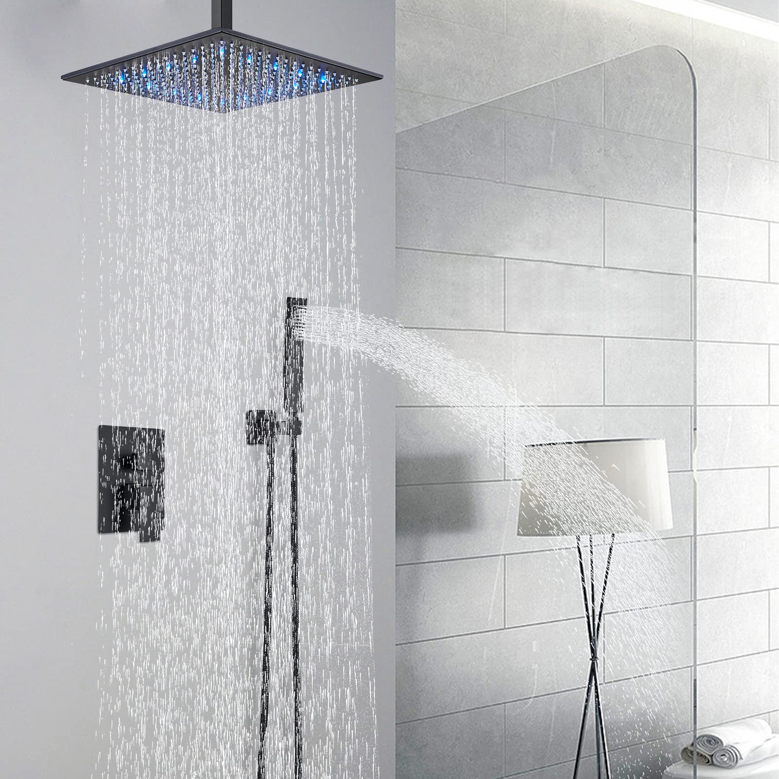 12 Inches Ceiling Mount Shower Faucets Sets Complete Shower System LED Rainfall Shower Head System Rough-in Valve Body and Trim Included Matte Black…