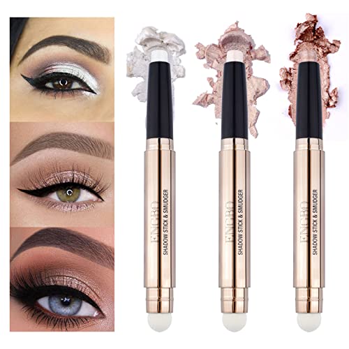 LOKFAR 3 PCS Eye-Shadow Stick Makeup Cosmetics Eye Brightener Stick, Waterproof Rotatable Cream Eye Shadow Pencil Crayon, Glitter Shimmer Eyeshadow Stick with Sponge Brush for Eye Makeup (01#02#03#)