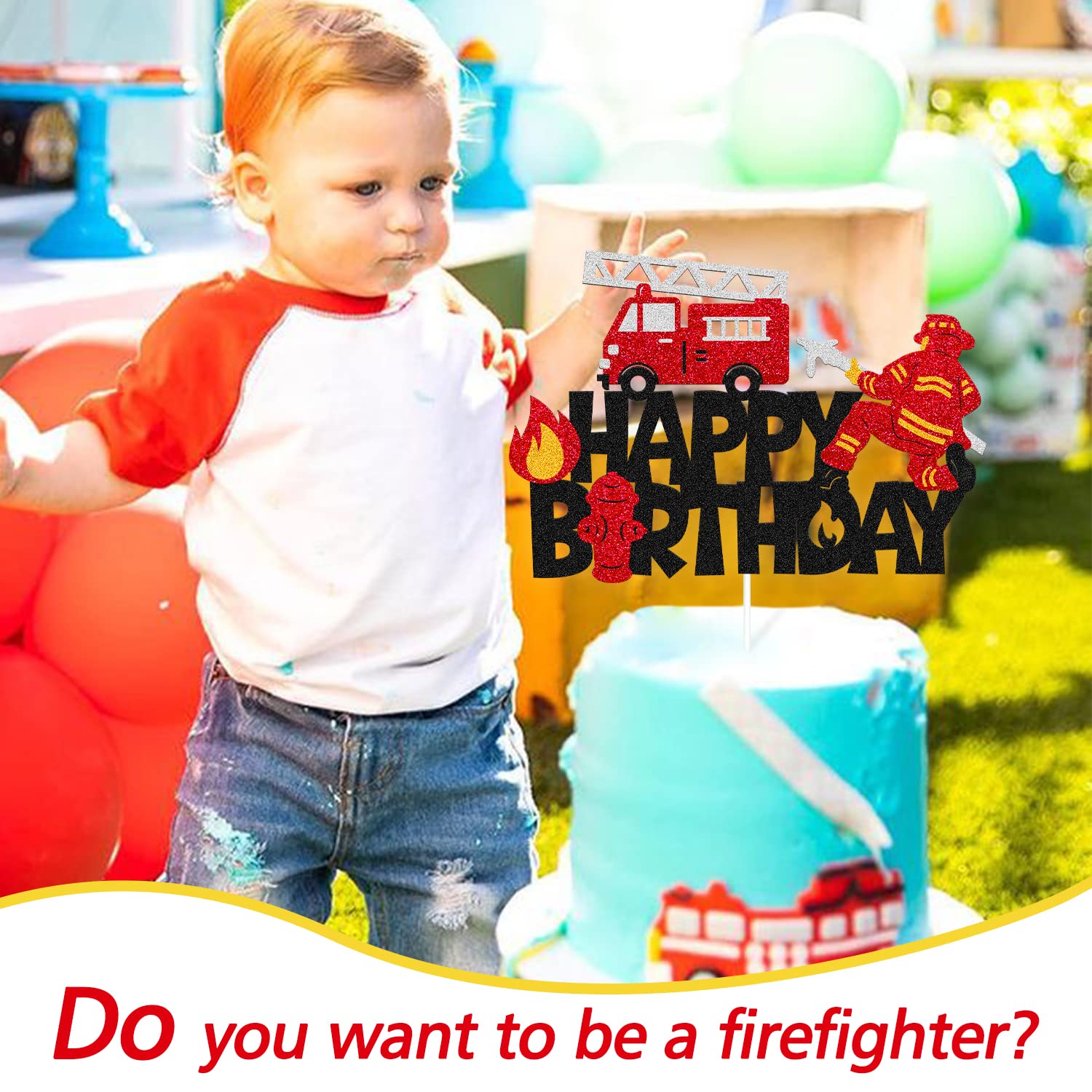 Fireman Cake Topper Fire Hydrant Truck Firefighter Helmet Alarm Engine Themed for Kids Boy Girl Happy Birthday Party Cake Decoration