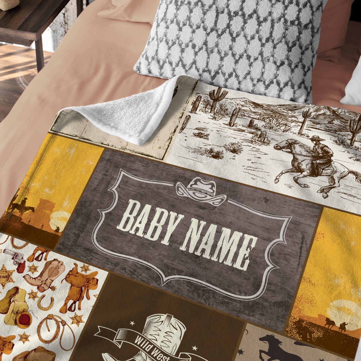 MeMate Personalized Baby Blanket with Name, Wild West Cowboy Baby Boy Swaddle Blanket, Western Baby Blanket Name Boy, Soft Fleece Blanket, Cowboy Baby Blanket for Newborn Infant Toddlers Kids