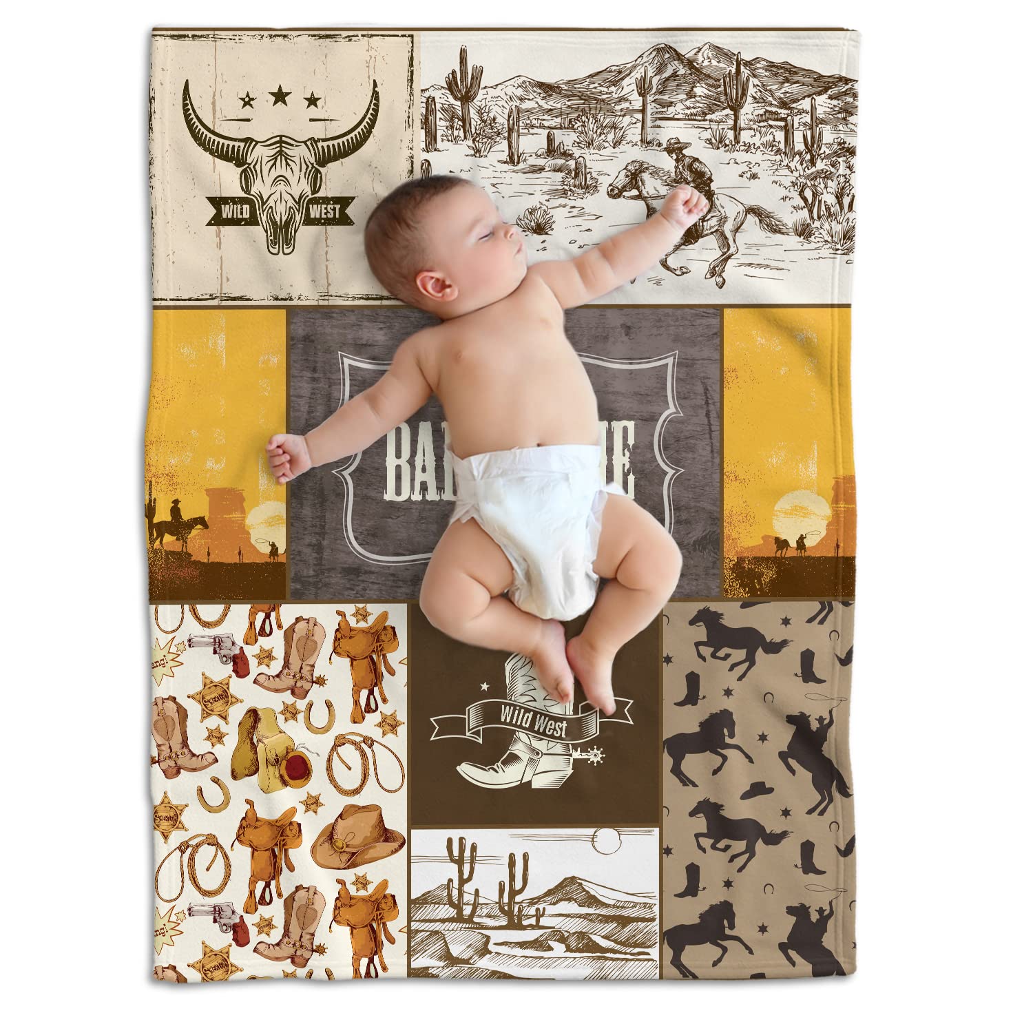 MeMate Personalized Baby Blanket with Name, Wild West Cowboy Baby Boy Swaddle Blanket, Western Baby Blanket Name Boy, Soft Fleece Blanket, Cowboy Baby Blanket for Newborn Infant Toddlers Kids