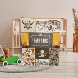 MeMate Personalized Baby Blanket with Name, Wild West Cowboy Baby Boy Swaddle Blanket, Western Baby Blanket Name Boy, Soft Fleece Blanket, Cowboy Baby Blanket for Newborn Infant Toddlers Kids