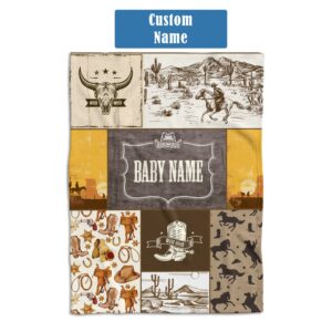 MeMate Personalized Baby Blanket with Name, Wild West Cowboy Baby Boy Swaddle Blanket, Western Baby Blanket Name Boy, Soft Fleece Blanket, Cowboy Baby Blanket for Newborn Infant Toddlers Kids