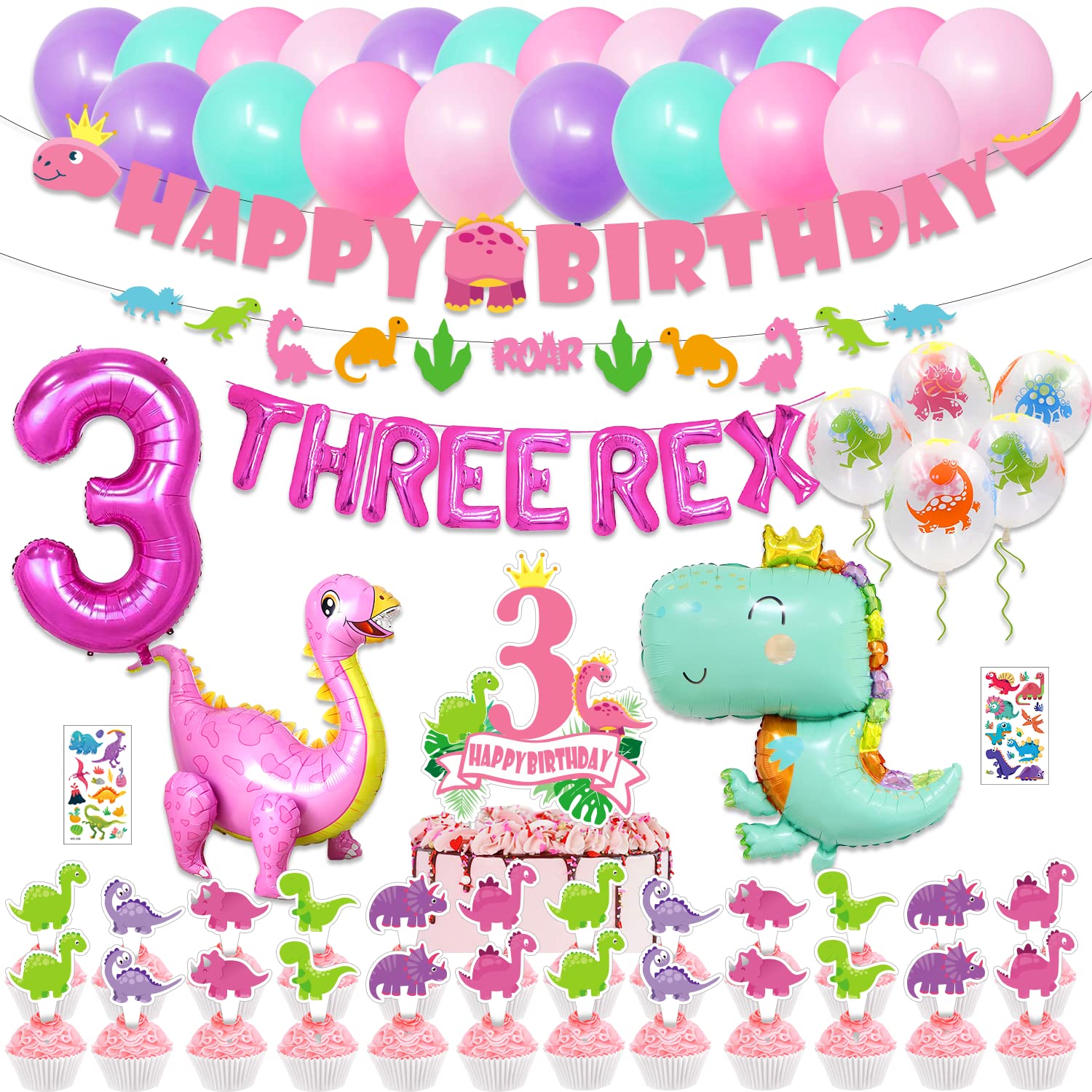 Mpanwen Girl Dinosaur Birthday Party Decorations, Three Rex Pink Dinosaur Dino Party Supplies for Girls Baby - Banner, Cake, and Cupcake Toppers, Balloons