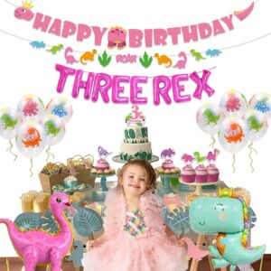 Mpanwen Girl Dinosaur Birthday Party Decorations, Three Rex Pink Dinosaur Dino Party Supplies for Girls Baby - Banner, Cake, and Cupcake Toppers, Balloons