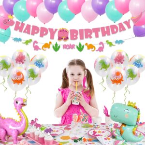 Mpanwen Girl Dinosaur Birthday Party Decorations, Three Rex Pink Dinosaur Dino Party Supplies for Girls Baby - Banner, Cake, and Cupcake Toppers, Balloons