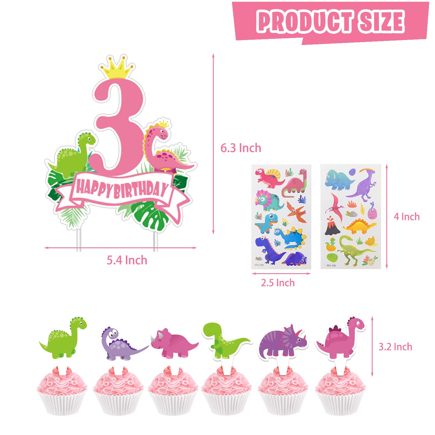 Mpanwen Girl Dinosaur Birthday Party Decorations, Three Rex Pink Dinosaur Dino Party Supplies for Girls Baby - Banner, Cake, and Cupcake Toppers, Balloons