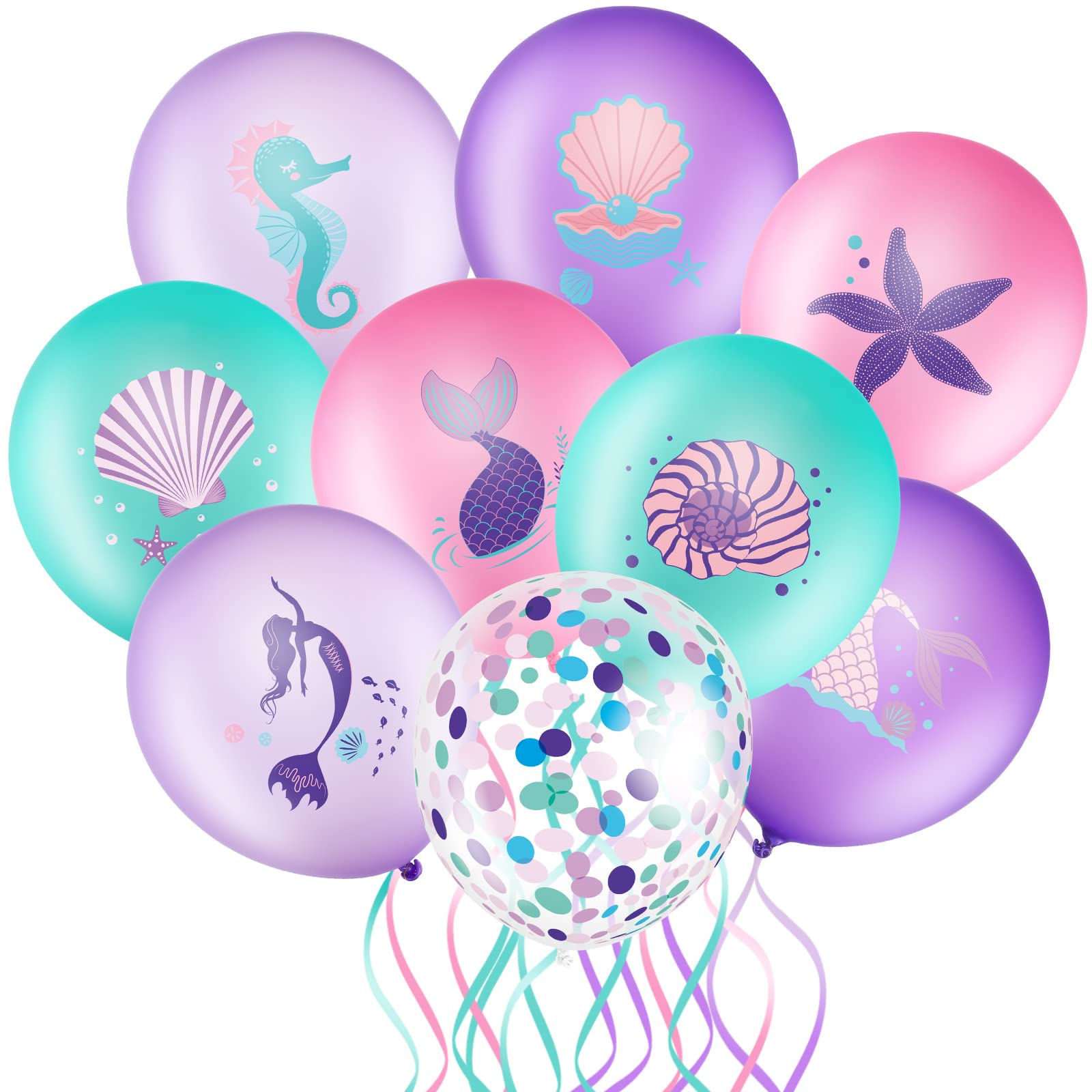 Mermaid Party Balloons Set Under the Sea Theme Birthday Party Balloons Decorations Ocean Mermaid Purple Pink Green Latex Confetti Balloon for Kids Girls Boys Birthday Princess Party Supplies 36 Pieces