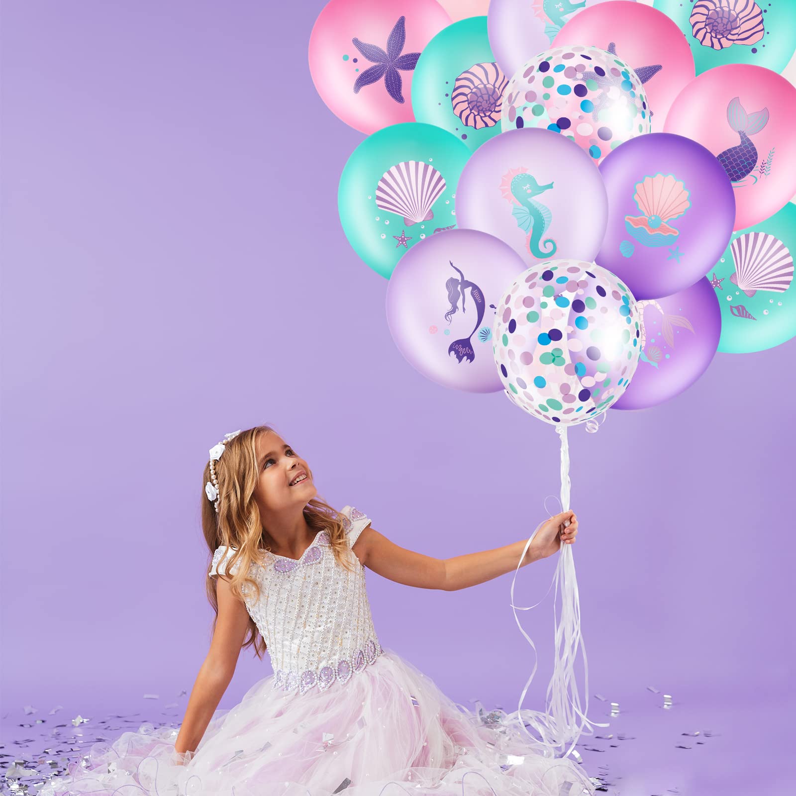 Mermaid Party Balloons Set Under the Sea Theme Birthday Party Balloons Decorations Ocean Mermaid Purple Pink Green Latex Confetti Balloon for Kids Girls Boys Birthday Princess Party Supplies 36 Pieces