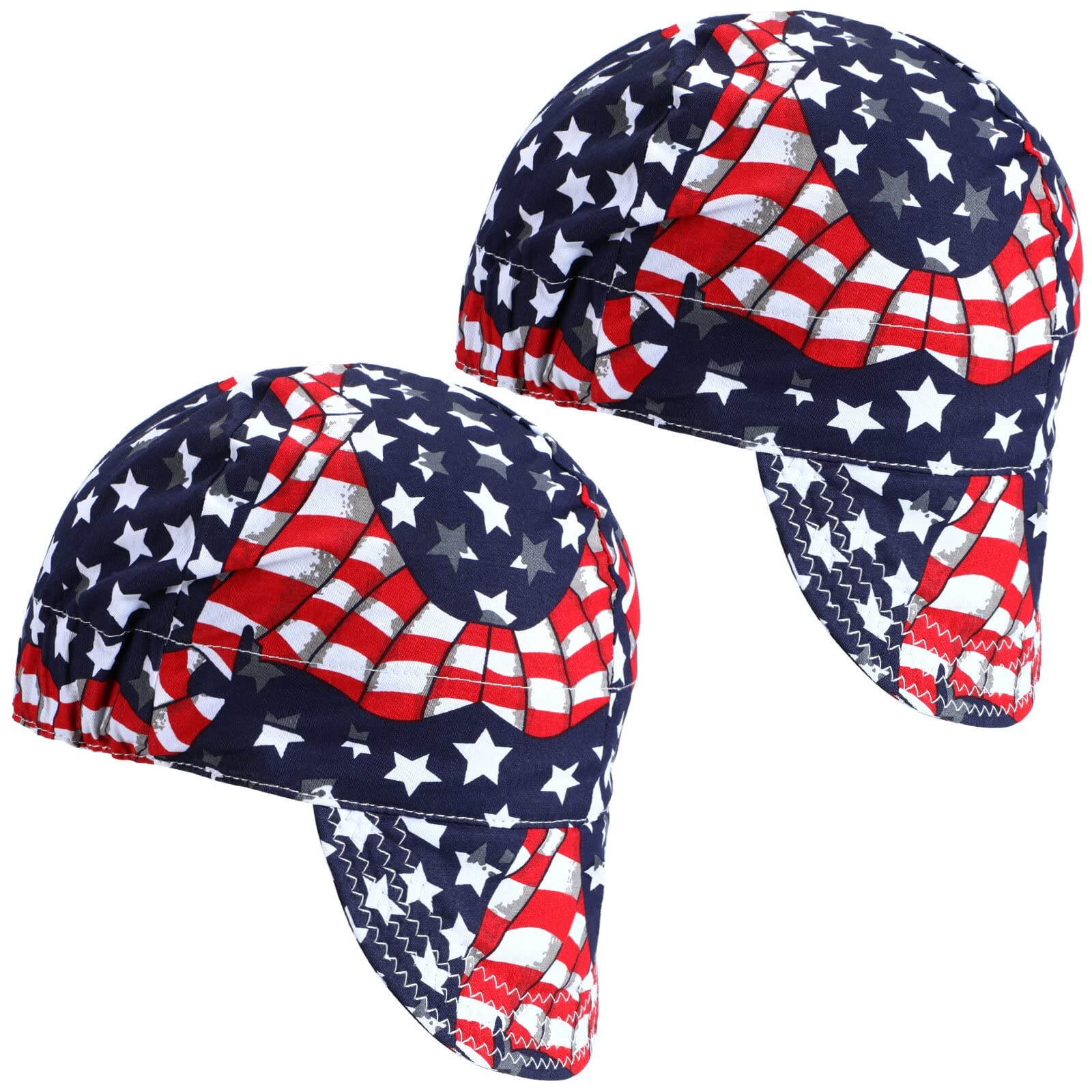 2 Pcs Welding Cap Flame Resistant Cotton Welding Hat Mesh Inside Liner for Welders Caps Elastic Low Crown for Welder Electrician Gas Station Matched with Most Welding Helmet (Flag Style)