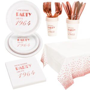 crisky rose gold tableware set for women 60th birthday party decorations supplies, party 1964 set of 24 (9" & 7" plates, luncheon napkin, 9oz cups, 106"×54" tablecloth, knife & fork)