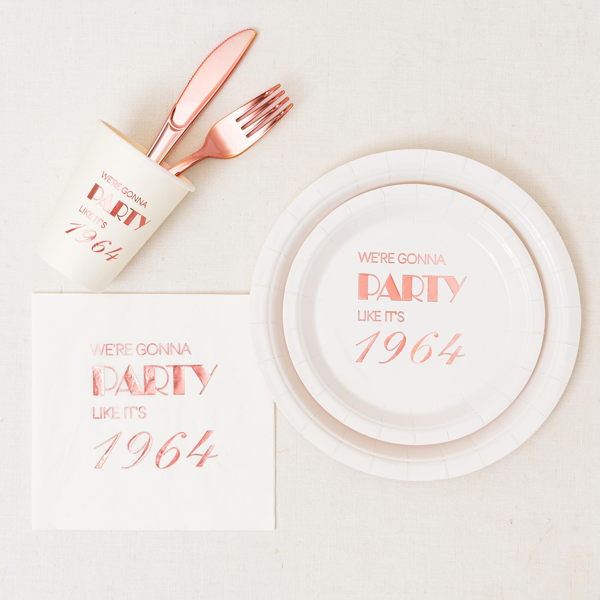 Crisky Rose Gold Tableware Set for Women 60th Birthday Party Decorations Supplies, Party 1964 Set of 24 (9" & 7" Plates, Luncheon Napkin, 9oz Cups, 106"×54" Tablecloth, Knife & Fork)