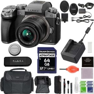 panasonic lumix g7 4k digital camera, with lumix g vario 14-42mm mega o.i.s. lens, advanced accessory and travel bundle (3 years panasonic warranty) (silver)