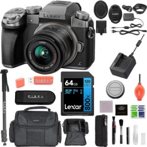 panasonic lumix g7 4k digital camera, with lumix g vario 14-42mm mega o.i.s. lens, advanced accessory and travel bundle (3 years panasonic warranty) (silver)