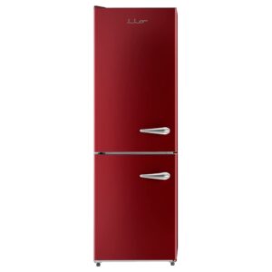 iio 24" 11 cu ft bottom freezer retro refrigerator, fridge for bedroom, multiflow 360°, small mini ice cube tray, 1 fruit container, led, dorm office beverage quiet compressor, wine red (left hinge)