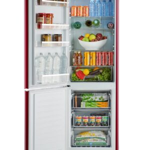 iio 24" 11 Cu Ft Bottom Freezer Retro Refrigerator, Fridge for Bedroom, Multiflow 360°, Small Mini Ice Cube Tray, 1 Fruit container, LED, Dorm Office Beverage Quiet Compressor, Wine Red (Left Hinge)