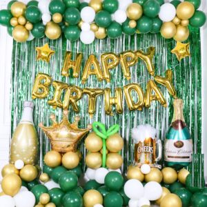 Green and Gold Birthday Party Decorations for Men Women Girls 145pcs Birthday Party Supplies Green Garland Kit Gold Happy Birthday Banner with Green Gold White Champagne Beer Balloon Decorations