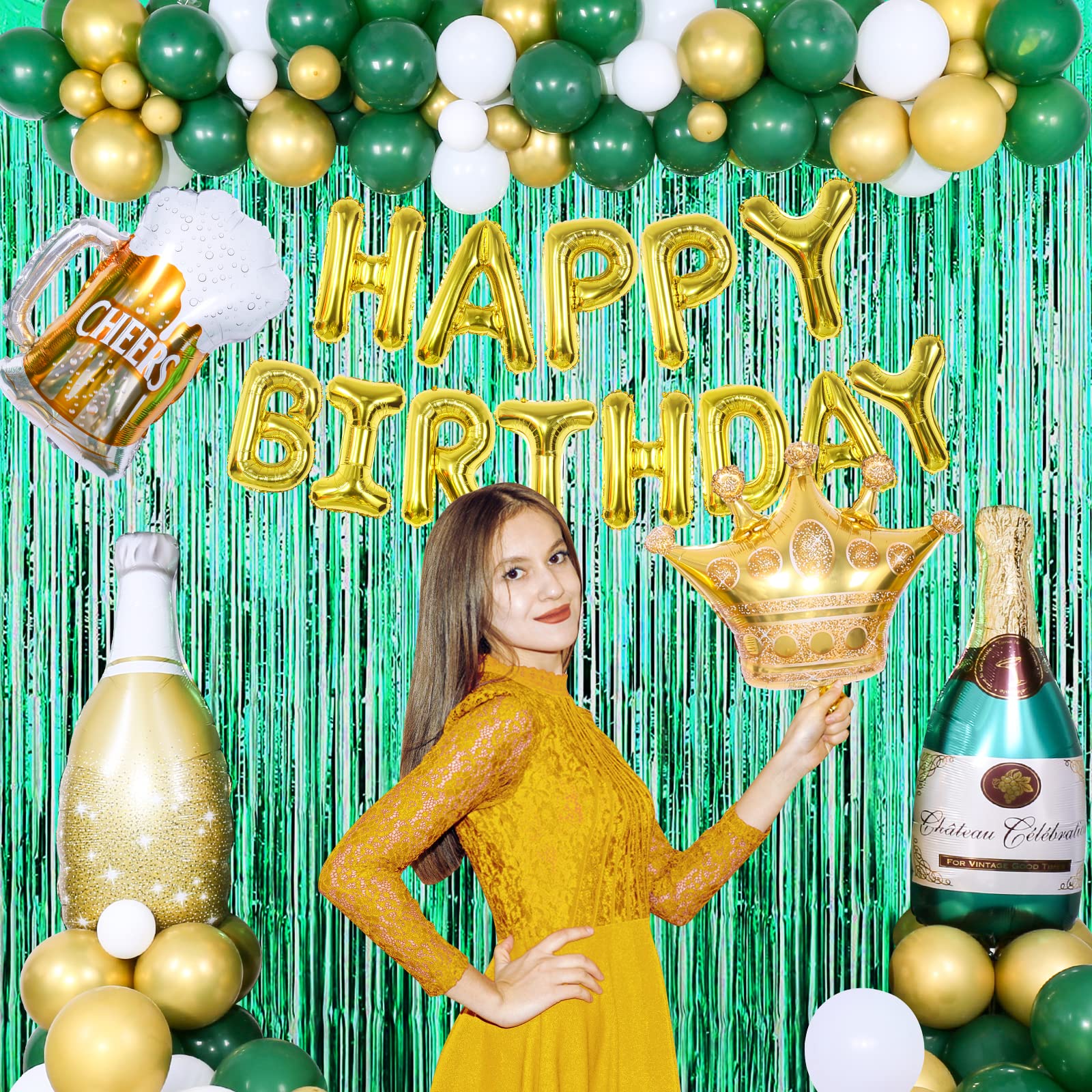 Green and Gold Birthday Party Decorations for Men Women Girls 145pcs Birthday Party Supplies Green Garland Kit Gold Happy Birthday Banner with Green Gold White Champagne Beer Balloon Decorations