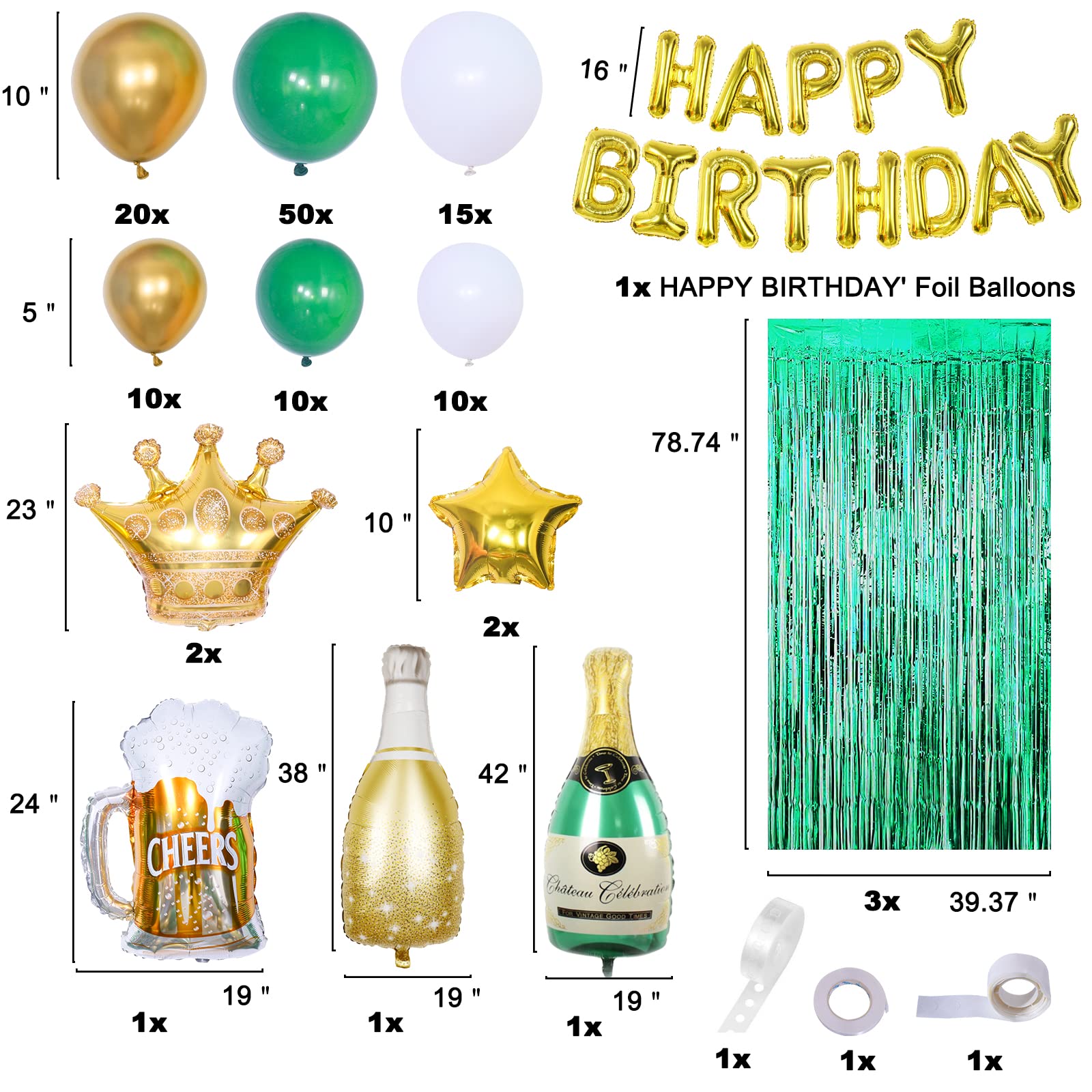 Green and Gold Birthday Party Decorations for Men Women Girls 145pcs Birthday Party Supplies Green Garland Kit Gold Happy Birthday Banner with Green Gold White Champagne Beer Balloon Decorations