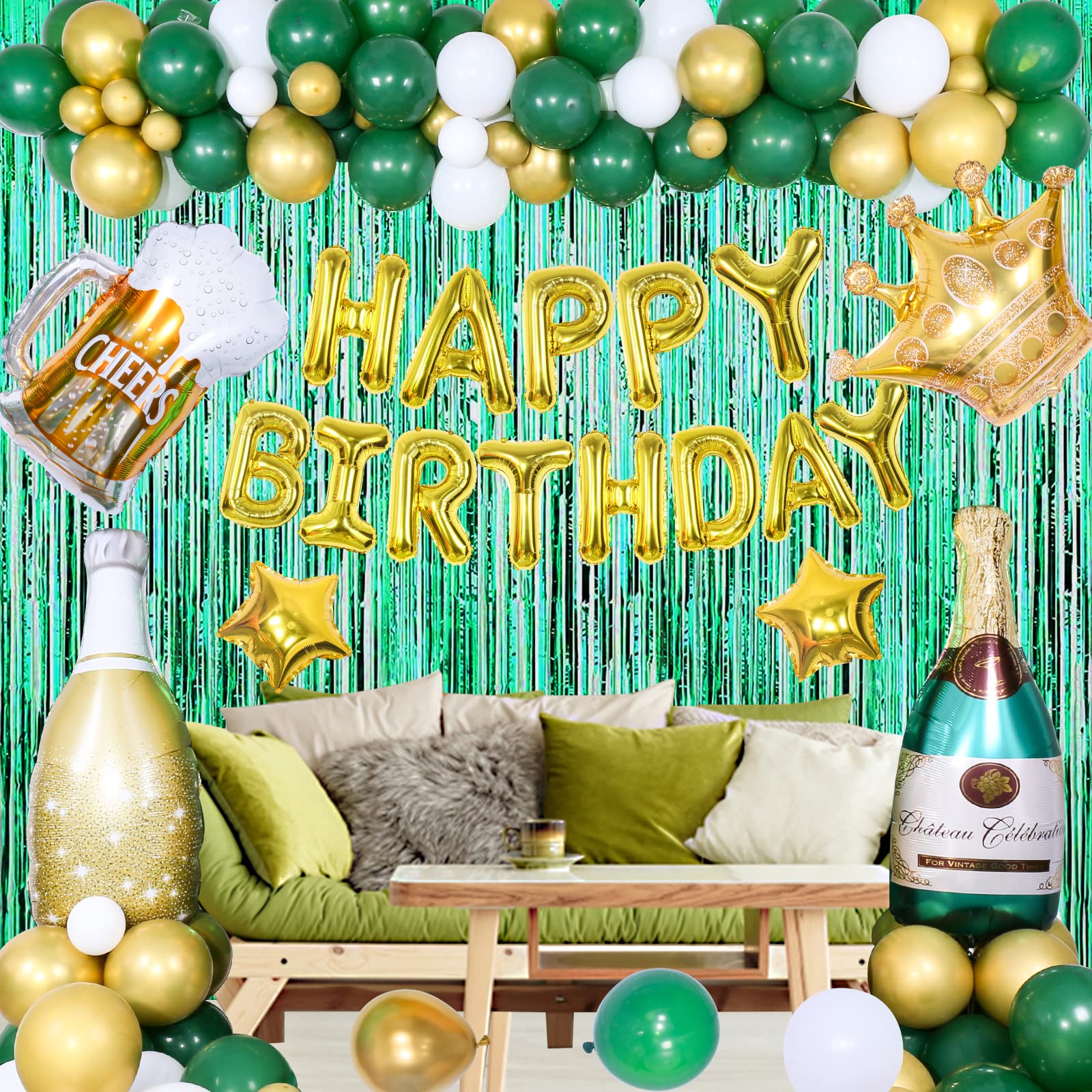 Green and Gold Birthday Party Decorations for Men Women Girls 145pcs Birthday Party Supplies Green Garland Kit Gold Happy Birthday Banner with Green Gold White Champagne Beer Balloon Decorations