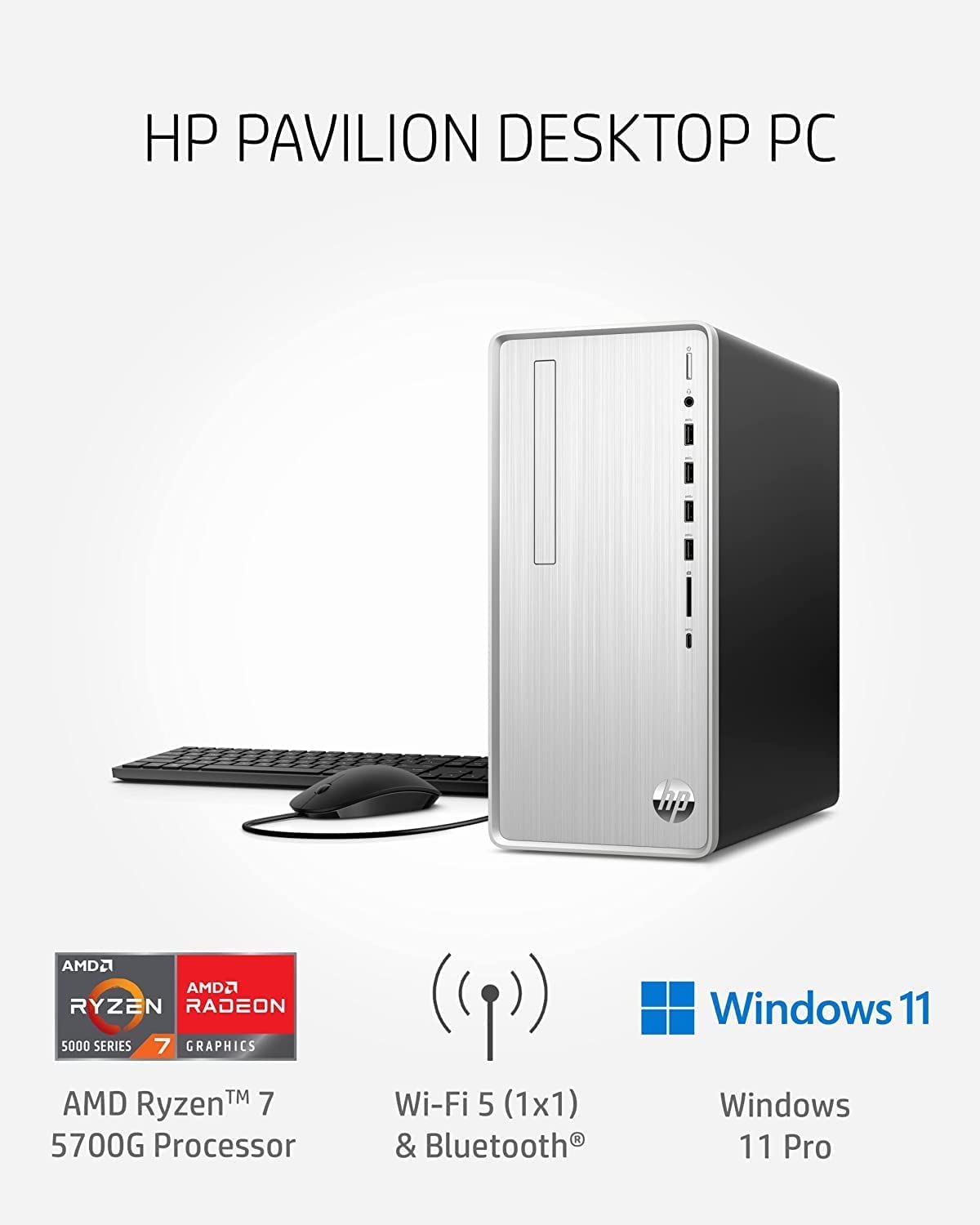 HP 2023 Newest Pavilion Desktop, AMD Ryzen 7 5700G, 32 GB RAM, 1 TB PCIe SSD, Windows 11 Home, Wi-Fi 5 Bluetooth, 9 USB Ports, Wired Mouse, Keyboard Combo, Pre-Built Tower Bundle with JAWFOAL