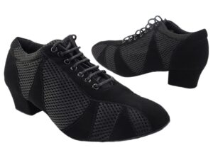 very fine dancesport shoes - women's latin, salsa, rhythm, ballroom practice dance sneakers - 705ledss black nubuck & black knit mesh - 1.5-inch heel & foldable shoe brush bundle (size 10)