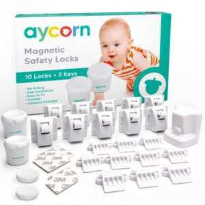 aycorn safety magnetic child locks for cabinets (10 locks & 2 keys), baby proofing cabinet locks for doors and drawers 10 pack - easy install no screws or drilling toddler child proof cabinet latches