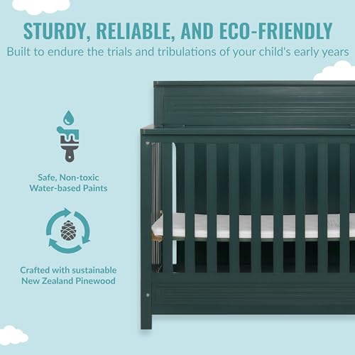 Dream On Me Harbor Full Panel 4-in-1 Convertible Mini Crib in Olive, Water-Based Paint Finish, JPMA Certified, 3-Position Mattress Height Setting, Made of Solid Pinewood