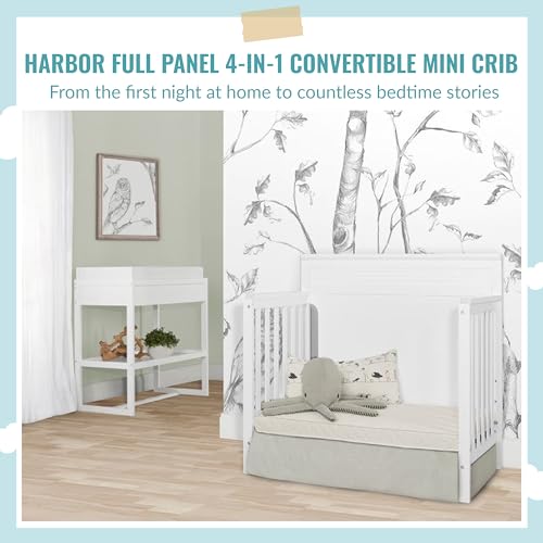 Dream On Me Harbor Full Panel 4-in-1 Convertible Mini Crib in White, Water-Based Paint Finish, JPMA Certified, 3-Position Mattress Height Setting, Made of Solid Pinewood