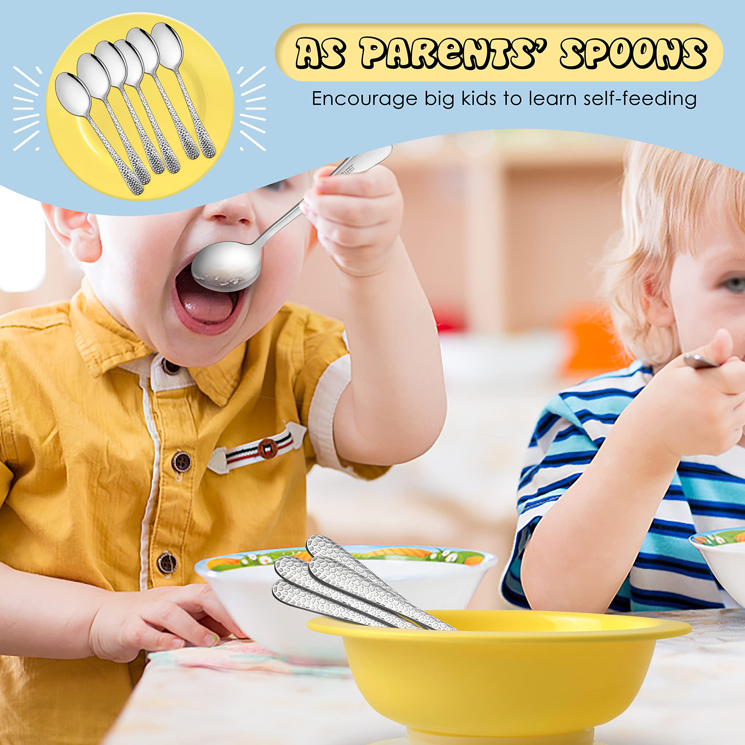 E-far Stainless Steel Kids Spoons, 6-Piece Toddlers Spoons Safe for Preschooler/Children, Hammered Adult look & Small Size, Rust Free & Dishwasher Safe