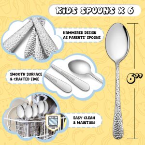 E-far Stainless Steel Kids Spoons, 6-Piece Toddlers Spoons Safe for Preschooler/Children, Hammered Adult look & Small Size, Rust Free & Dishwasher Safe