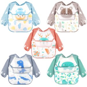 accmor 5pcs long sleeve baby bibs, waterproof sleeved bibs for eating feeding, toddler baby girls boys smock bibs for 6-36 months