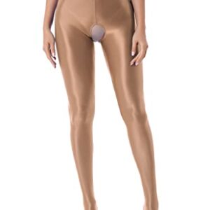 Lejafay Women Shiny Oil Pantyhose Footed Silk Stockings Ultra Shimmery High Waist Translucent Tights Coffee X-Large