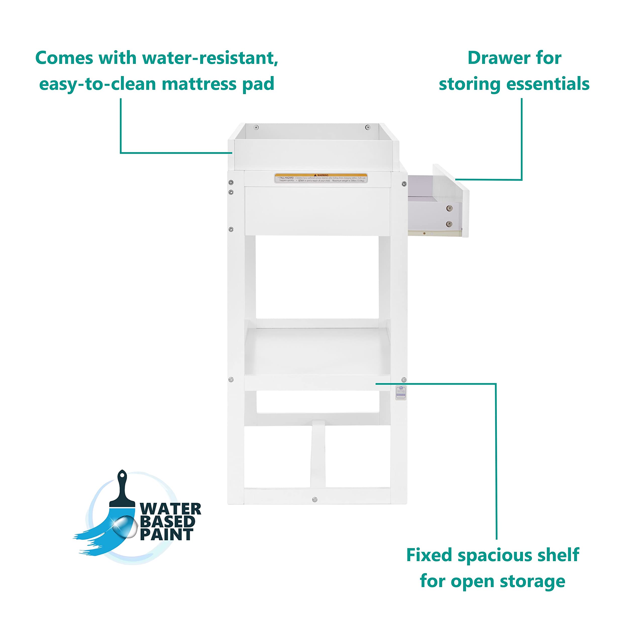 Dream On Me Arlo Changing Table in White, Made of Solid New Zealand Pinewood, Non-Toxic Finish, Comes with Water Resistant Mattress Pad & Safety Strap