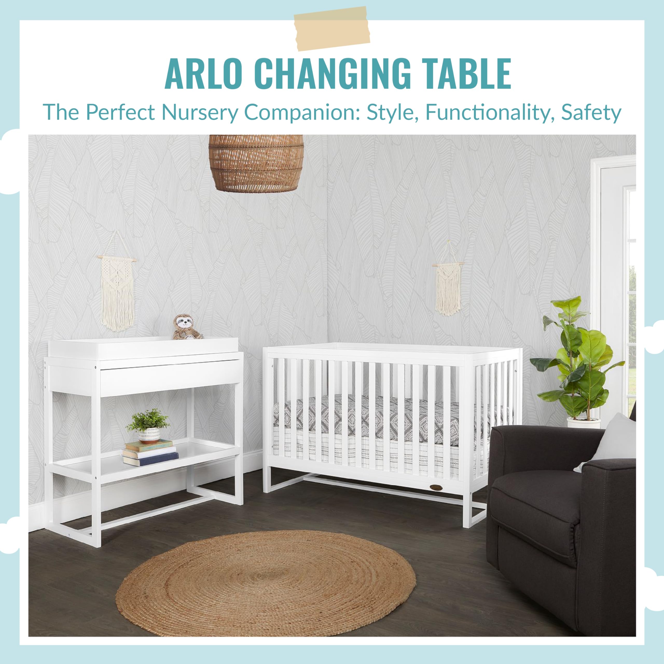 Dream On Me Arlo Changing Table in White, Made of Solid New Zealand Pinewood, Non-Toxic Finish, Comes with Water Resistant Mattress Pad & Safety Strap