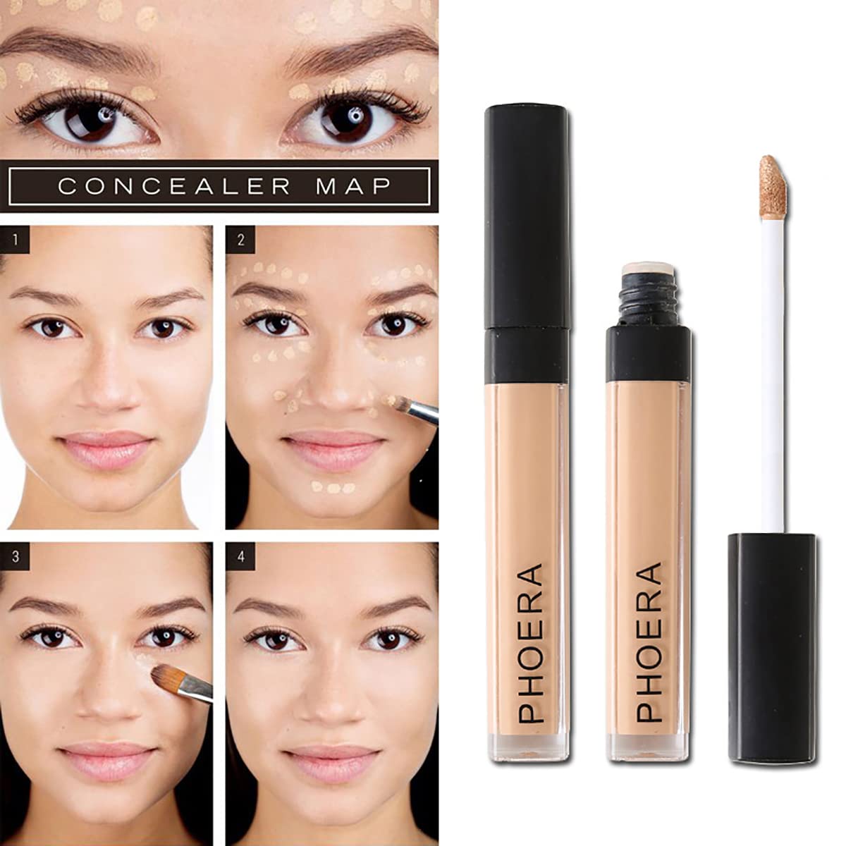 PHOERA Liquid Concealer,Full Coverage Concealer,Multi-Use Makeup Concealer for Acne,Dark Circles,Tattoo,Freckles,High Adherence Hydrating Face Concealer for Women Mens(102# NEUTRAL)