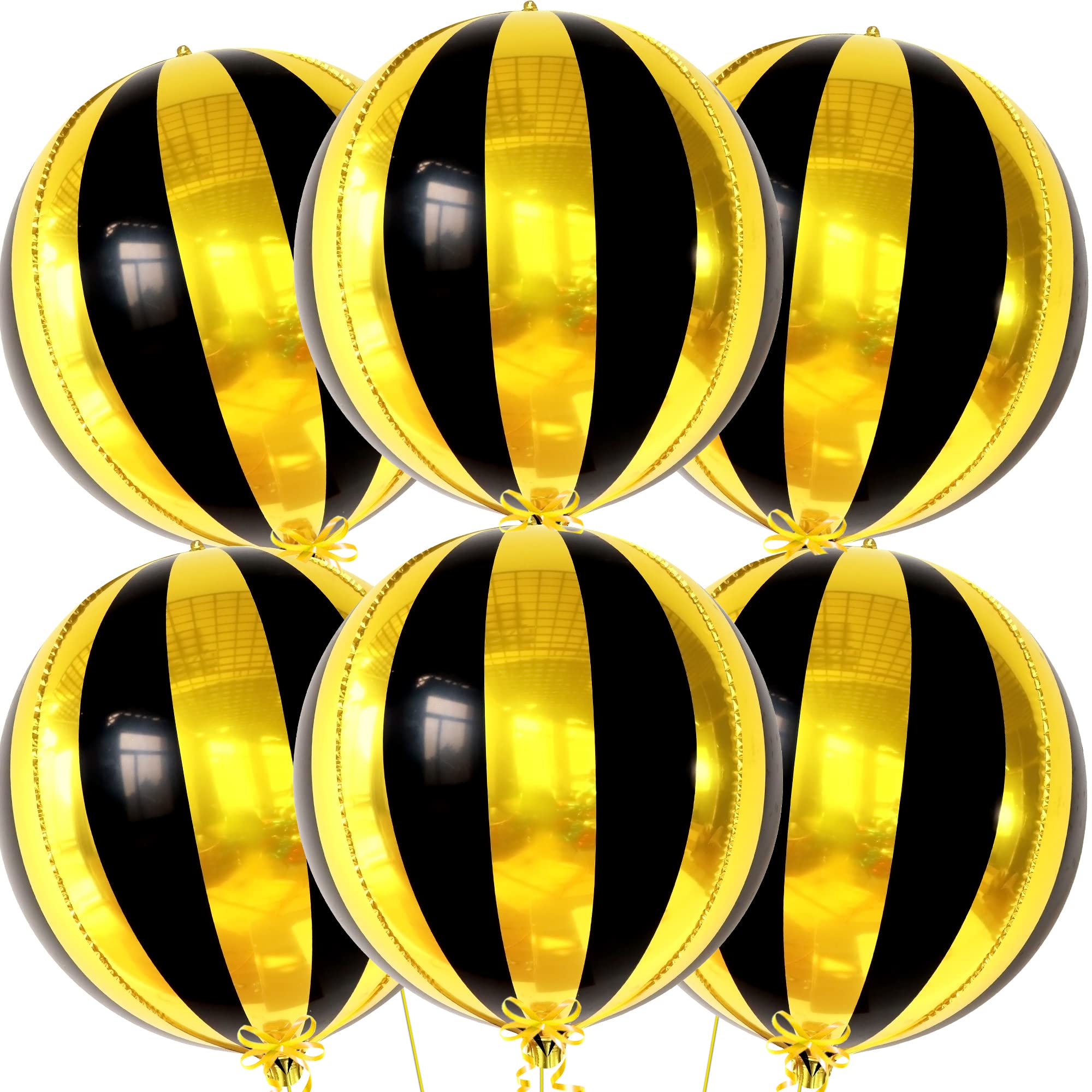 Big, 22 Inch Black and Gold Balloons - Pack of 6, Black and Gold Party Decorations | 360 Degree 4D Sphere Round Gold Black Metallic Balloons for Disco Party Decorations | Hollywood Party Decorations