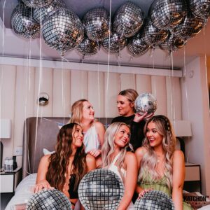 KatchOn, Silver Disco Ball Balloons - 22 Inch, Pack of 12 | Disco Bachelorette Party Decorations | 4D Sphere Disco Balloons for Disco Party Decorations | Disco Ball Decor, Dance Party Decorations