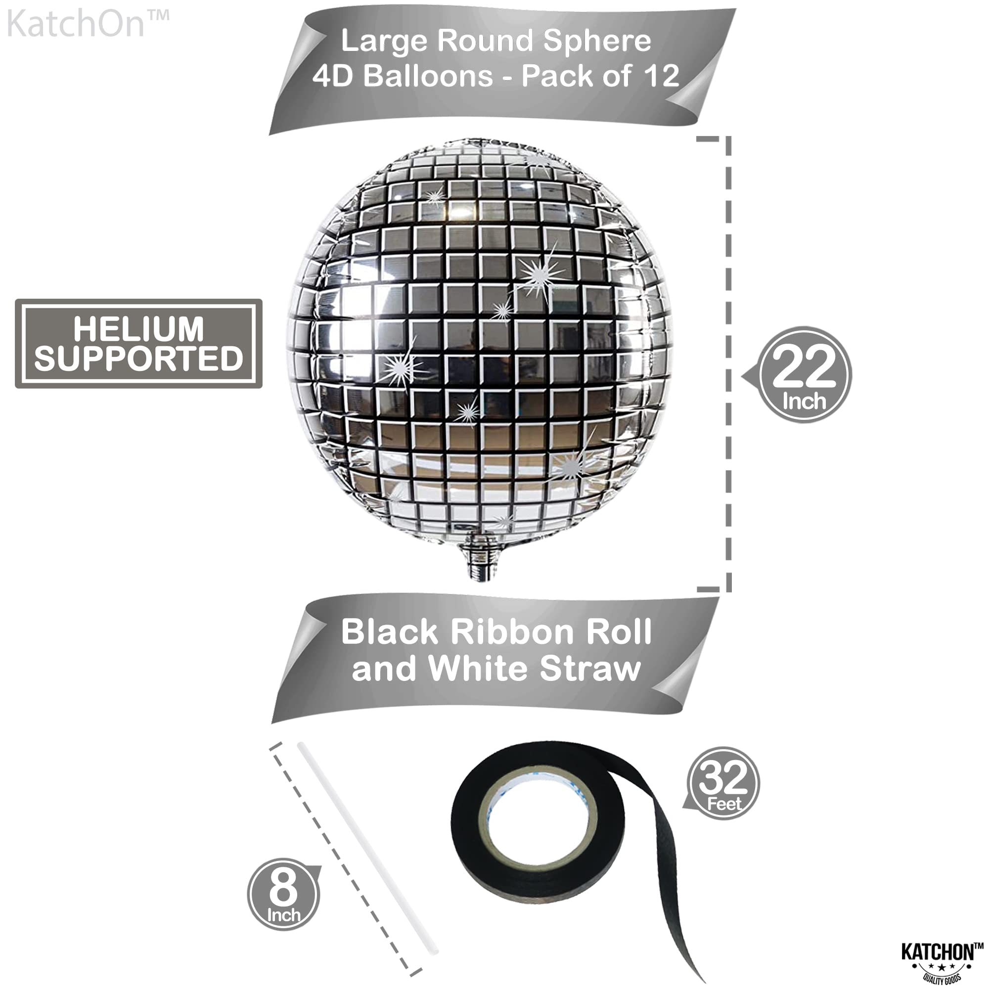 KatchOn, Silver Disco Ball Balloons - 22 Inch, Pack of 12 | Disco Bachelorette Party Decorations | 4D Sphere Disco Balloons for Disco Party Decorations | Disco Ball Decor, Dance Party Decorations