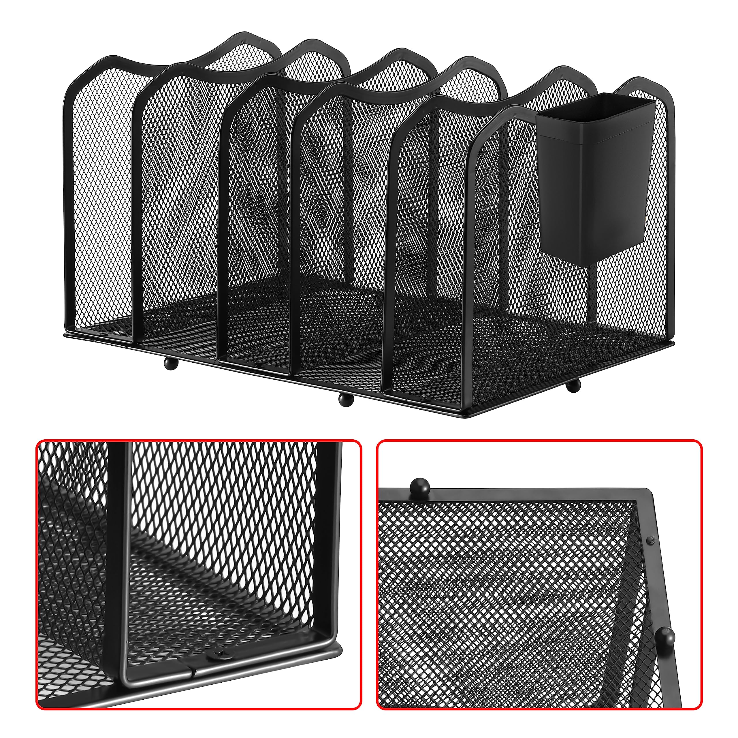 Ekisemio 2 Pack-Mesh Desktop File Organizer Sorter, 5-Section Bookshelf with Pen Holder for Desk Office, Black