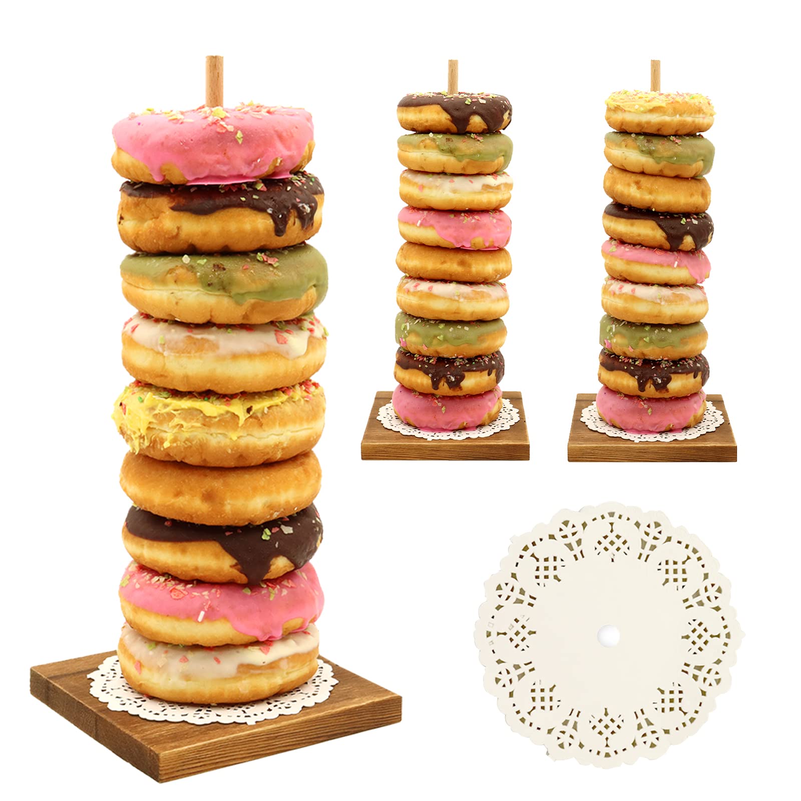 YESSAP Farmhouse Donut Stand, 3PCS Wooden Donut Holder Display 27 Donuts, Reusable Bagel Donut Holder Stands for Wedding Birthday Party Decoration Baby Shower