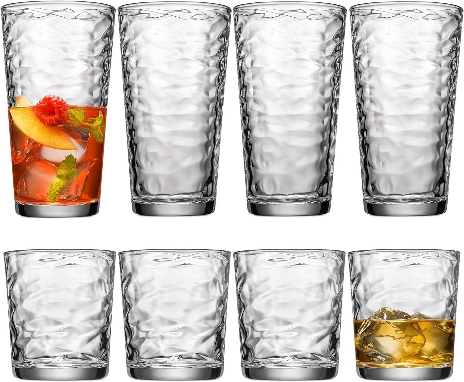 Glaver's Glassware Set of 8 Drinking Glasses, 4-17 Oz Highball Glasses and 4-13 oz. Whiskey Glasses. Origami Kitchen Glass Cups for Home Bar Uses Water, Juice, and Cocktails.