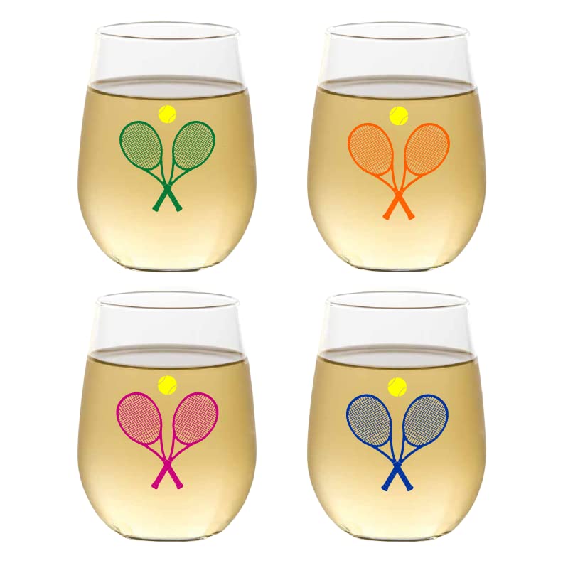 Set of 4 Shatterproof Designer 16 oz Plastic Wine Glasses MADE in the USA (TENNIS)