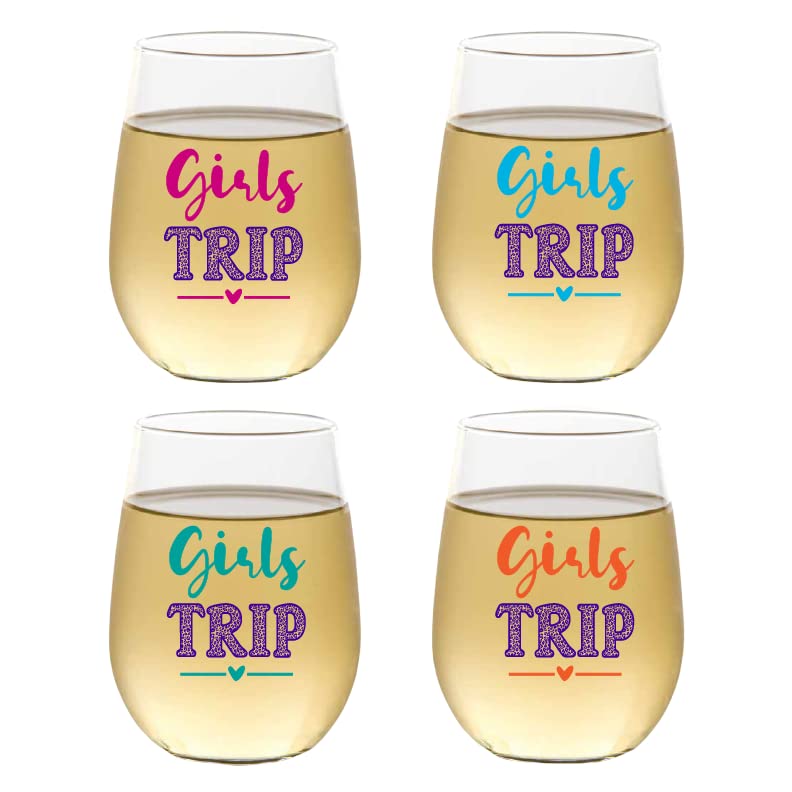 Wine-Oh! Set of 4 Shatterproof Designer 16 oz Plastic Wine Glasses MADE in the USA (GIRLS TRIP)