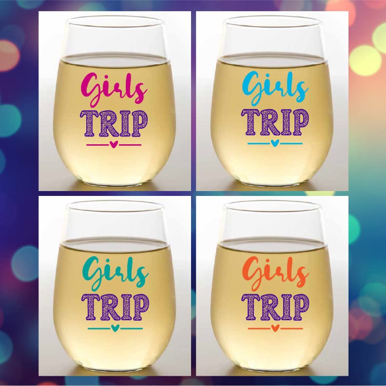 Wine-Oh! Set of 4 Shatterproof Designer 16 oz Plastic Wine Glasses MADE in the USA (GIRLS TRIP)