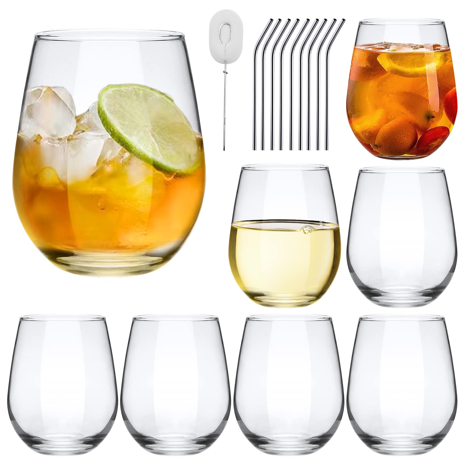 Ufrount Stemless Wine Glasses,Clear Drinking Glass Tumbler,20 OZ Large Modern Wine Glass Cups with Straws,Classic Glassware Set of 8 Ideal for Red Wine,White Wine,Wedding,Birthday or Party