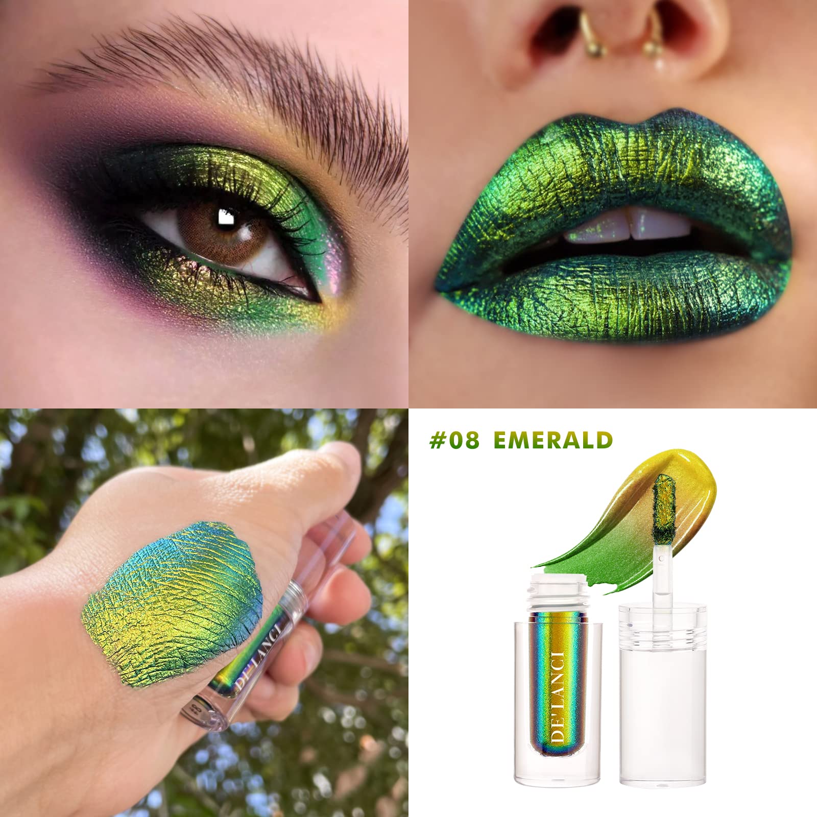 Multichrome Eyeshadow Liquid, Metallic Chameleon Glitter Shimmer Metal Colorful Bright Liquid Eye Shadows, Sparkle Waterproof High Pigmented Longlasting Eyeshadow Color Shift Green Gold Blue Yellow