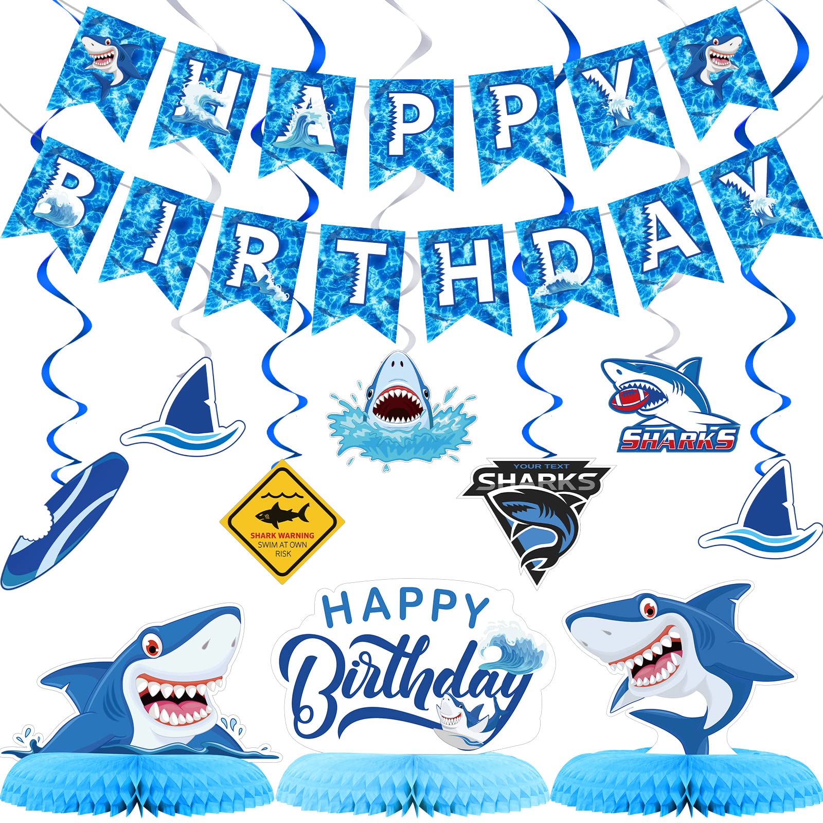 28 Pieces Shark Party Supplies Set Includes 12 Pieces Hanging Swirls Shark Happy Birthday Banner 12 Pieces Hanging Cutouts 3 Pieces Birthday Honeycomb Centerpiece for Birthday Party Decorations